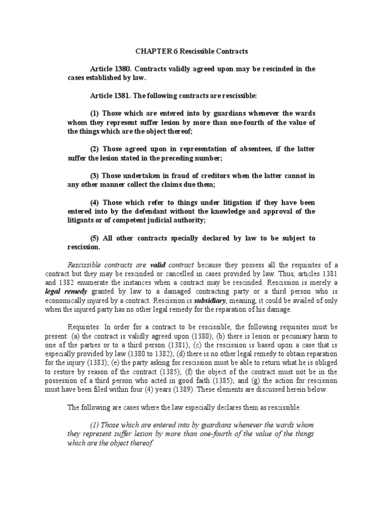 CHAPTER 6 Rescissible Contracts | PDF | Guarantee | Annulment