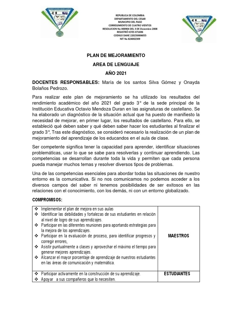 Plan De Mejoramiento Grado 3 Pdf Aprendizaje Navidad
