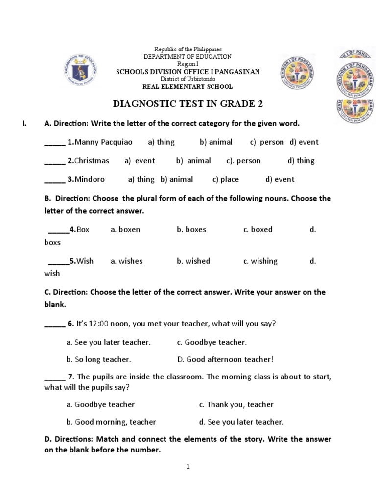 Diagnostic Test in Grade 2: Schools Division Office I Pangasinan | PDF