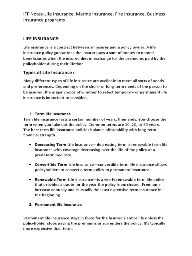 IFF Insurance Notes on Life, Marine, Fire & Business Cover | PDF | Life ...