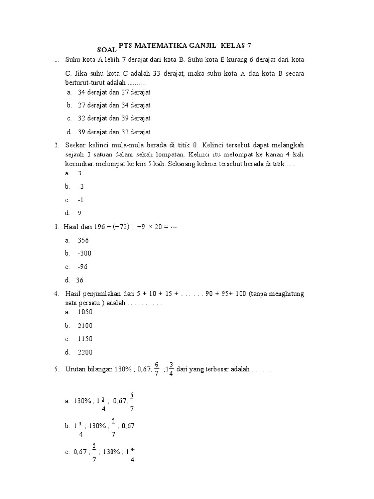 Soal PTS Matematika Kelas 7 | PDF