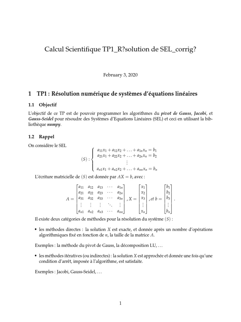 Calcul Scientifique TP1 Résolution de SEL Corrigé | PDF | Matrice ...