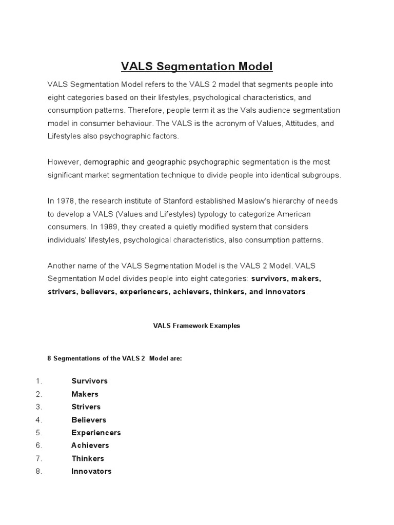 VALS Segmentation Model Assighenment 2021 | PDF | Market Segmentation ...