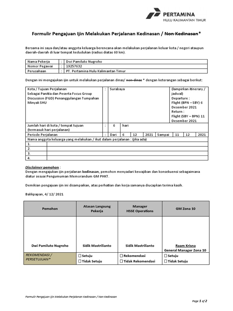 Ijin Perjalanan Dinas dan Non-Dinas | PDF