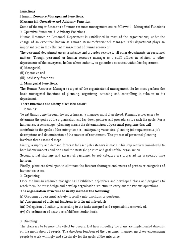Functions Human Resource Management Functions: Managerial, Operative ...