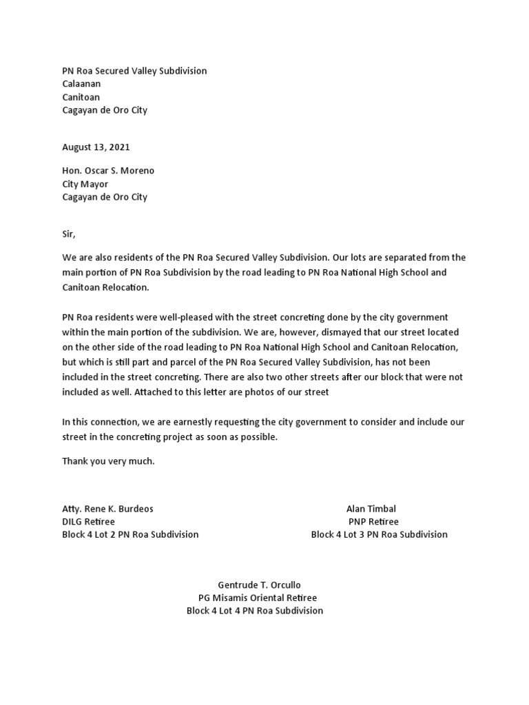 Request to Include Streets in PN Roa Secured Valley Subdivision in the ...