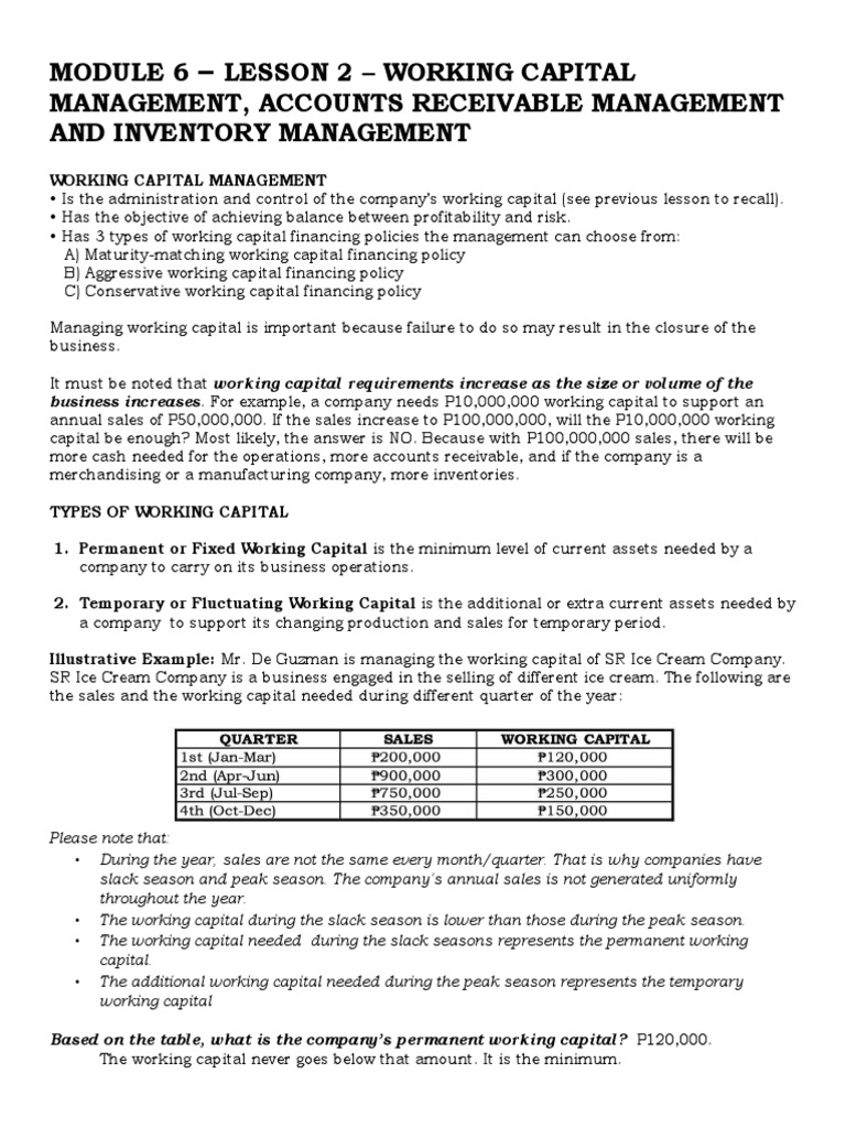 Module 6 Lesson 2 - Working Capital Management, Accounts Receivable ...