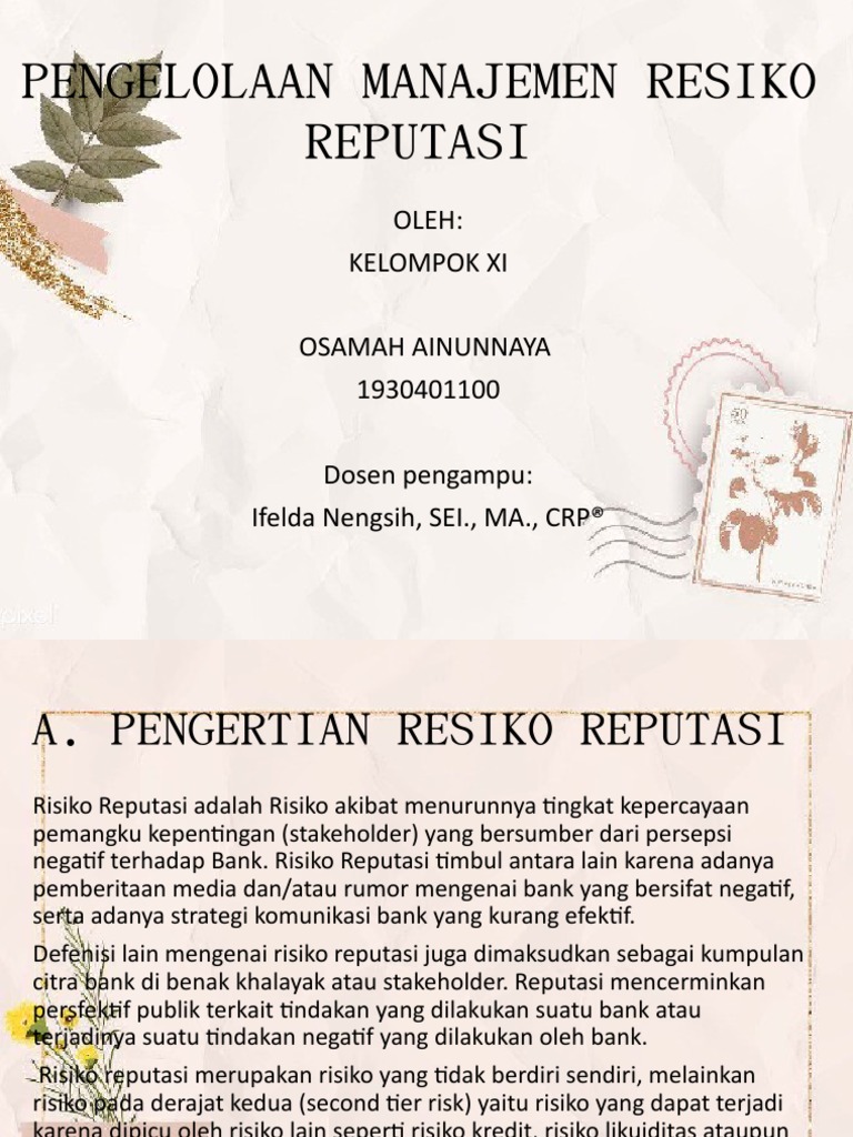 Pengelolaan Manajemen Resiko Reputasi: Oleh: Kelompok Xi | PDF | Pengelolaan Keuangan & Uang