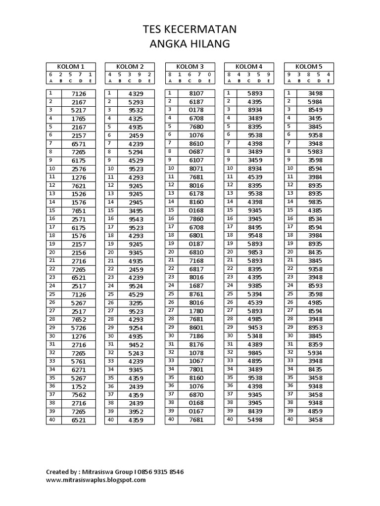 Tes Kecermatan - Angka Hilang (Soal) | PDF