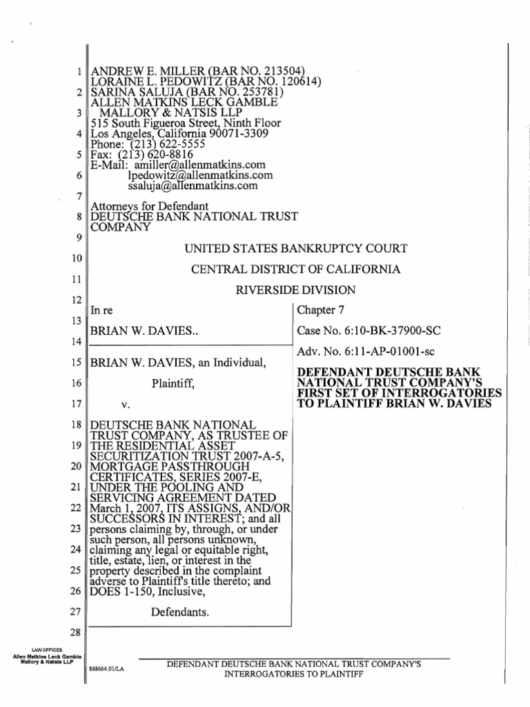 Def Deut First Set of Interrogatories | PDF | Interrogatories | Complaint