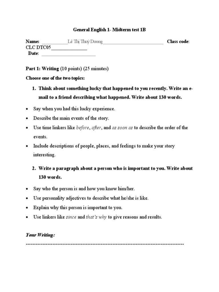 General English 1 Midterm Test 1B | PDF | Language Arts & Discipline