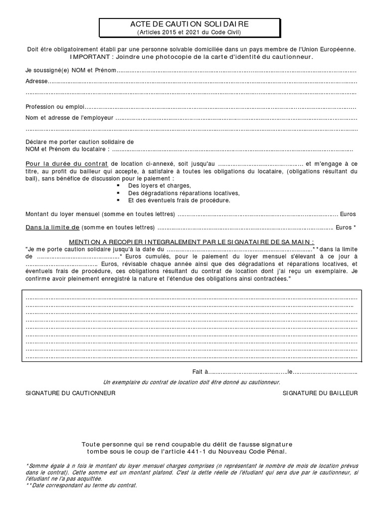 Modèle d'Acte de Caution Solidaire | PDF | Location | Justice