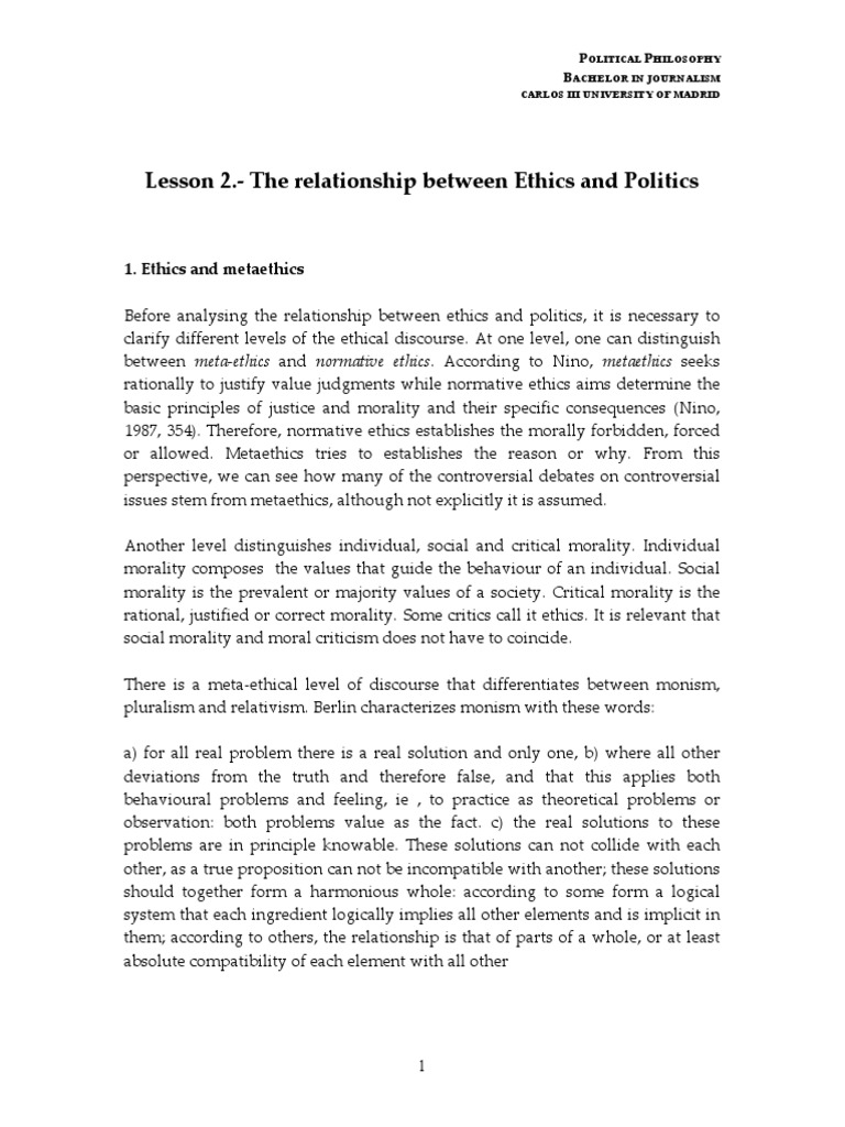 Lesson 2.-The Relationship Between Ethics and Politics | PDF | Morality | Niccolò Machiavelli