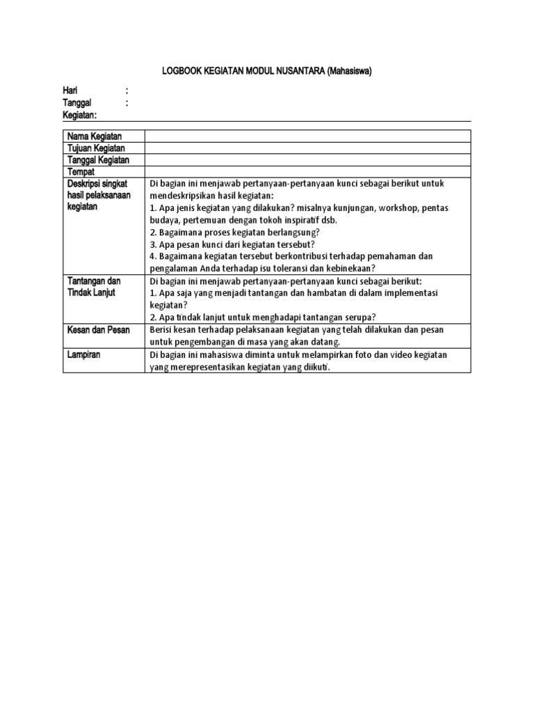 LOGBOOK KEGIATAN MODUL NUSANTARA (Mahasiswa) | PDF