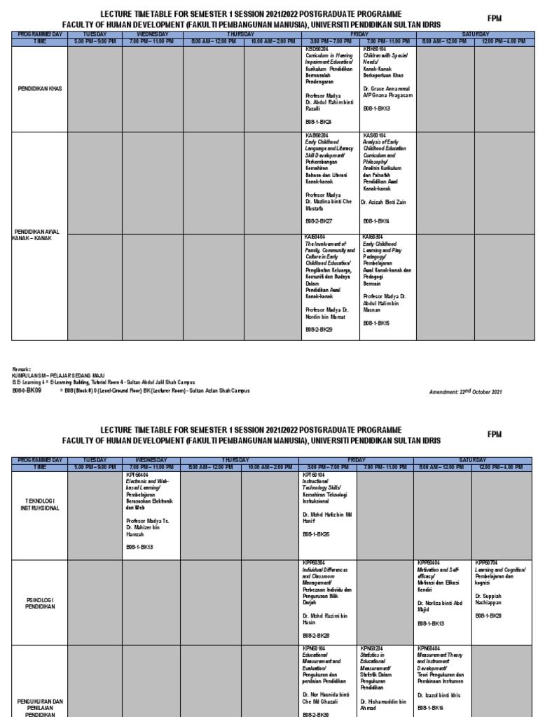 Lecture Time Table 22-10-2021-FPM | PDF | Education Theory | Pedagogy