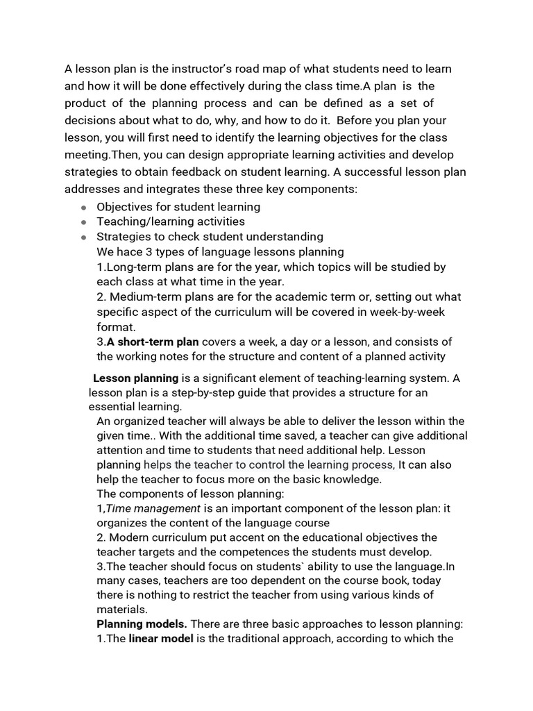 A Short-Term Plan Covers A Week, A Day or A Lesson, and Consists of ...