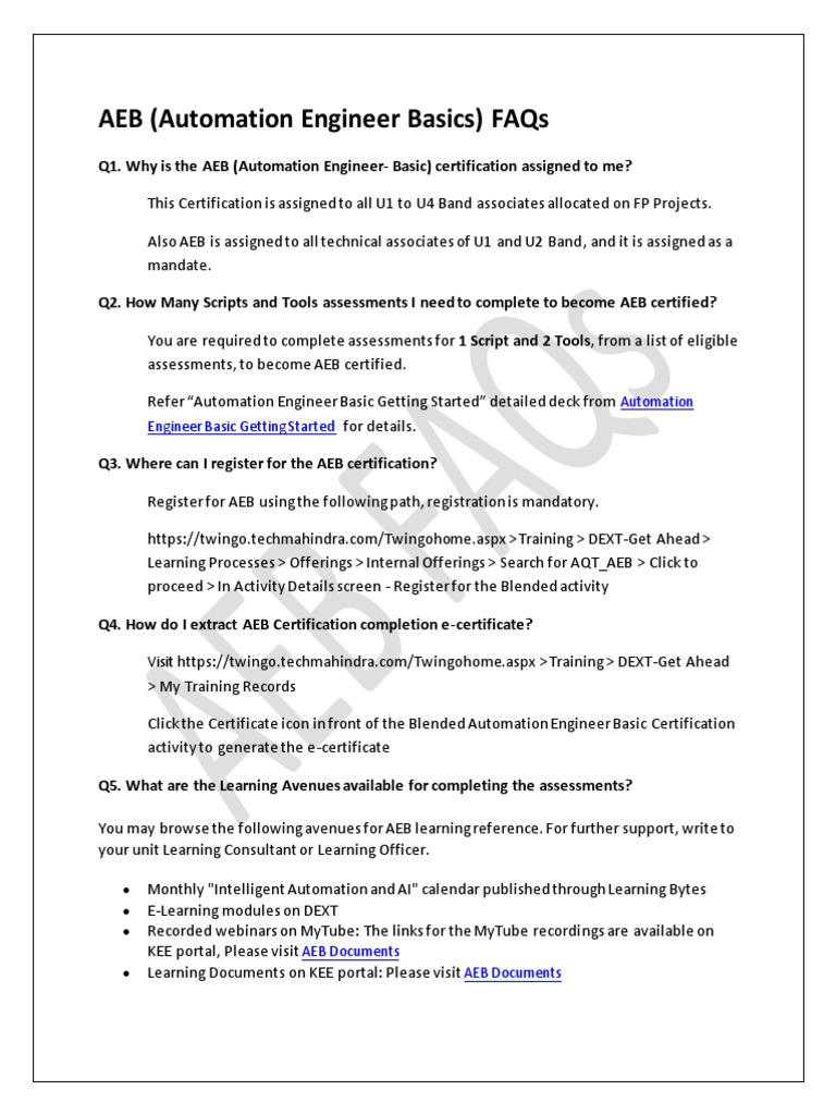 Aeb (Automation Engineer Basics) Faqs | PDF | Test (Assessment) | Computing