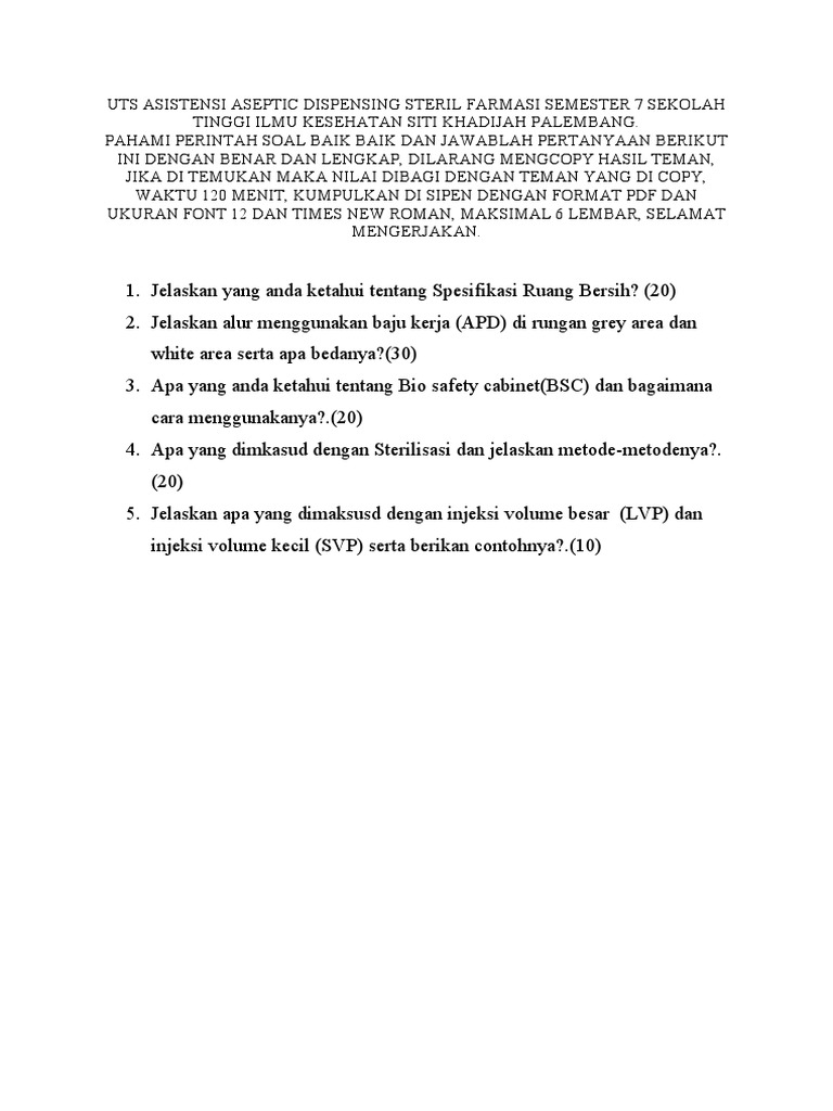 UTS - ASISTENSI - ASEPTIC - DISPENSING - FARMASI Noptarina Indirani Nim 482011805075 Kelas 7 B | PDF