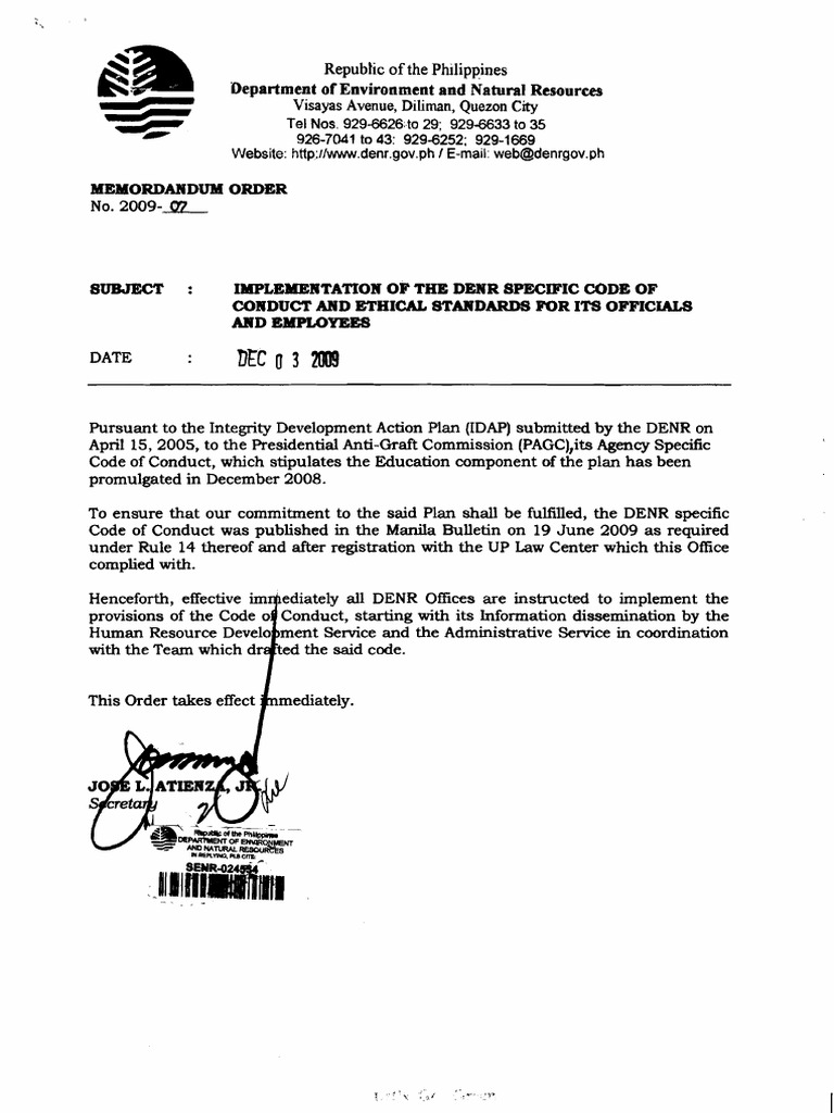 Denr Code of Conduct | PDF | Integrity | Crime & Violence