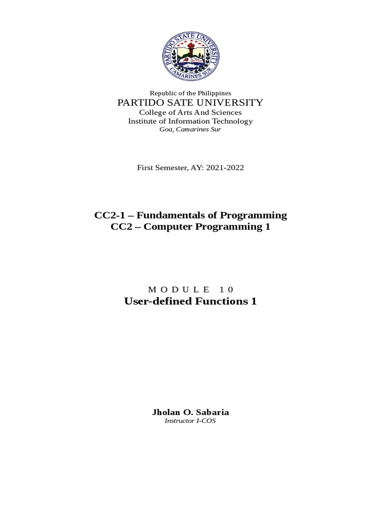 Module 10 User Defined Functions 1 Pdf Parameter Computer Programming Subroutine 9062