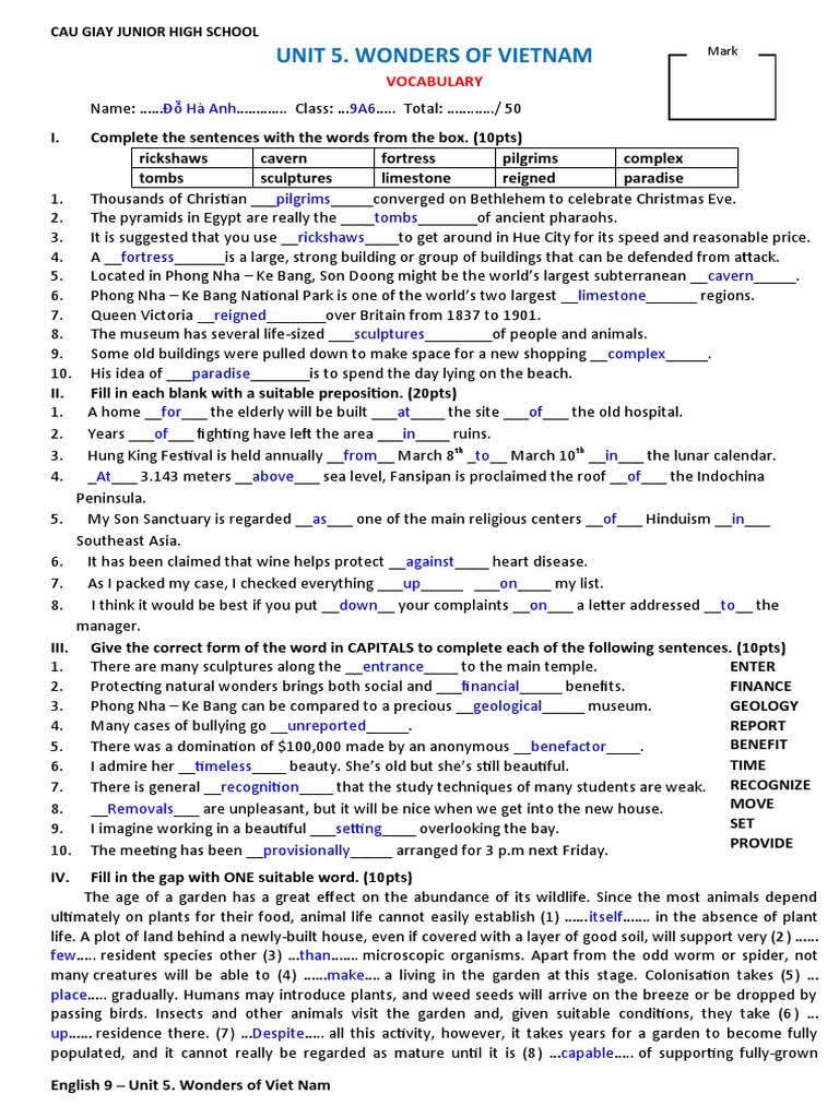 UNIT 5 - Vocabulary - Grammar - Ms Phuong | PDF