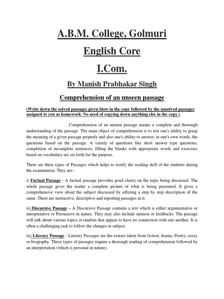 Comprehension For Unseen Passages Class 12 I.com. A.B.M. College | PDF ...