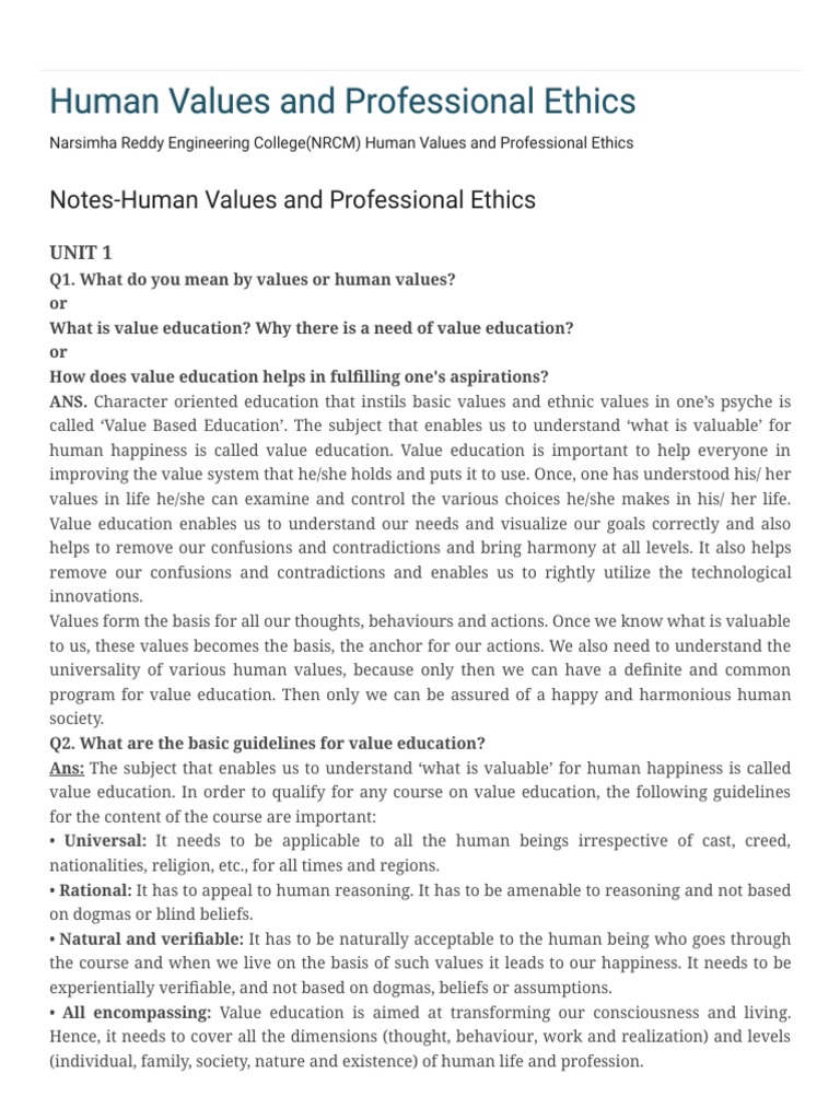 Human Values and Professional Ethics - Notes-Human Values and ...