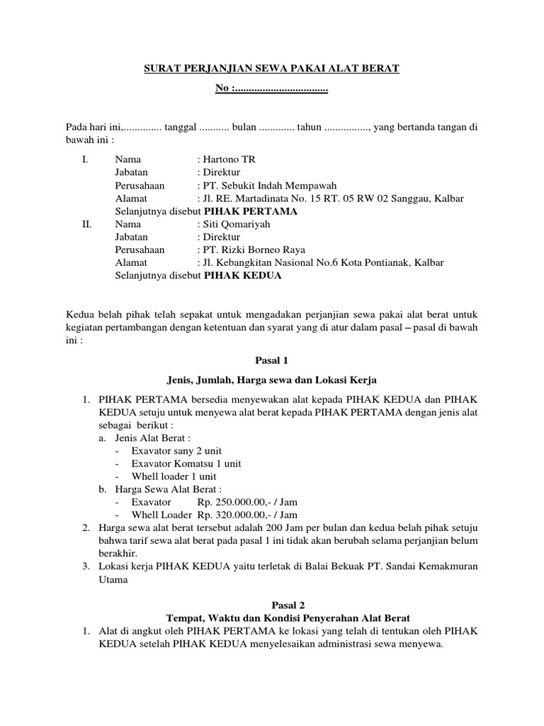 Surat Perjanjian Sewa Pakai Alat Berat | PDF