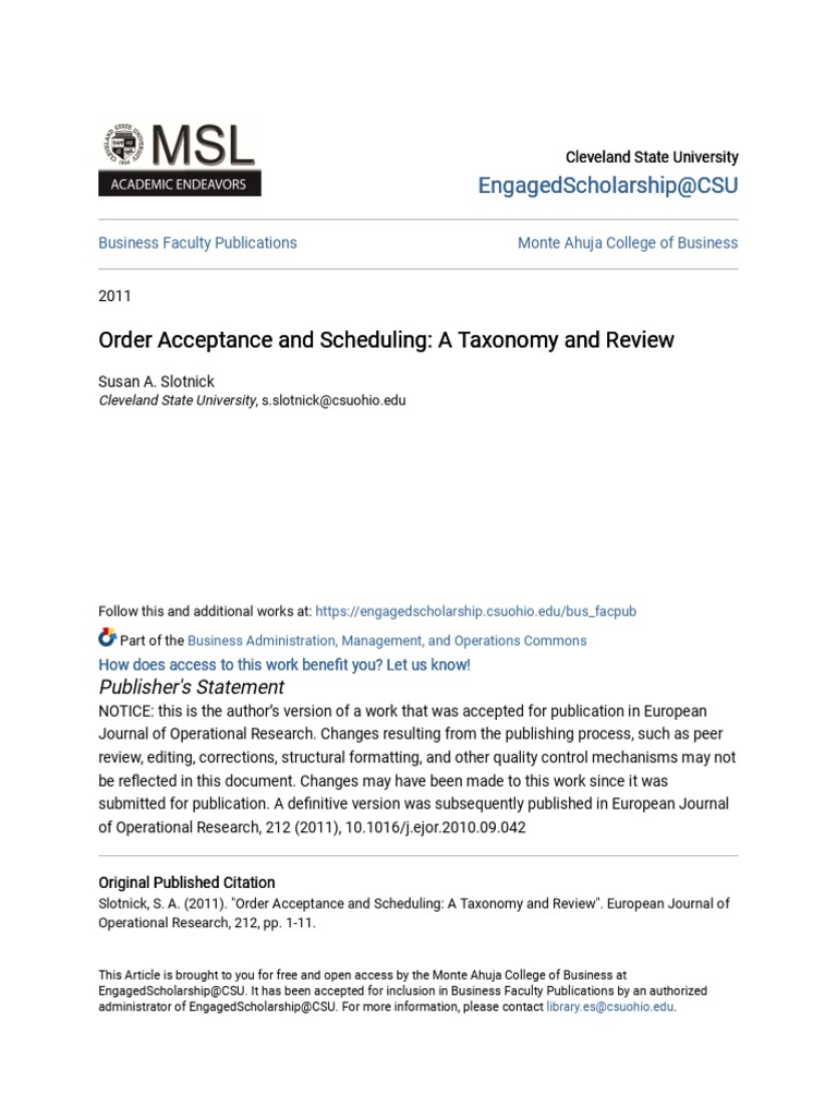 Order Acceptance And Scheduling A Taxonomy And Review Pdf Mathematical Optimization