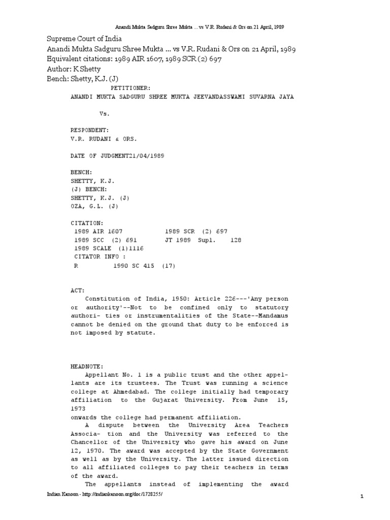 Anandi Mukta Sadguru Shree Mukta Vs V R Rudani Ors On 21 April 1989 | PDF | Mandamus | Writ