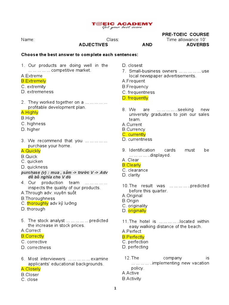 Adjectives AND Adverbs Choose The Best Answer To Complete Each ...