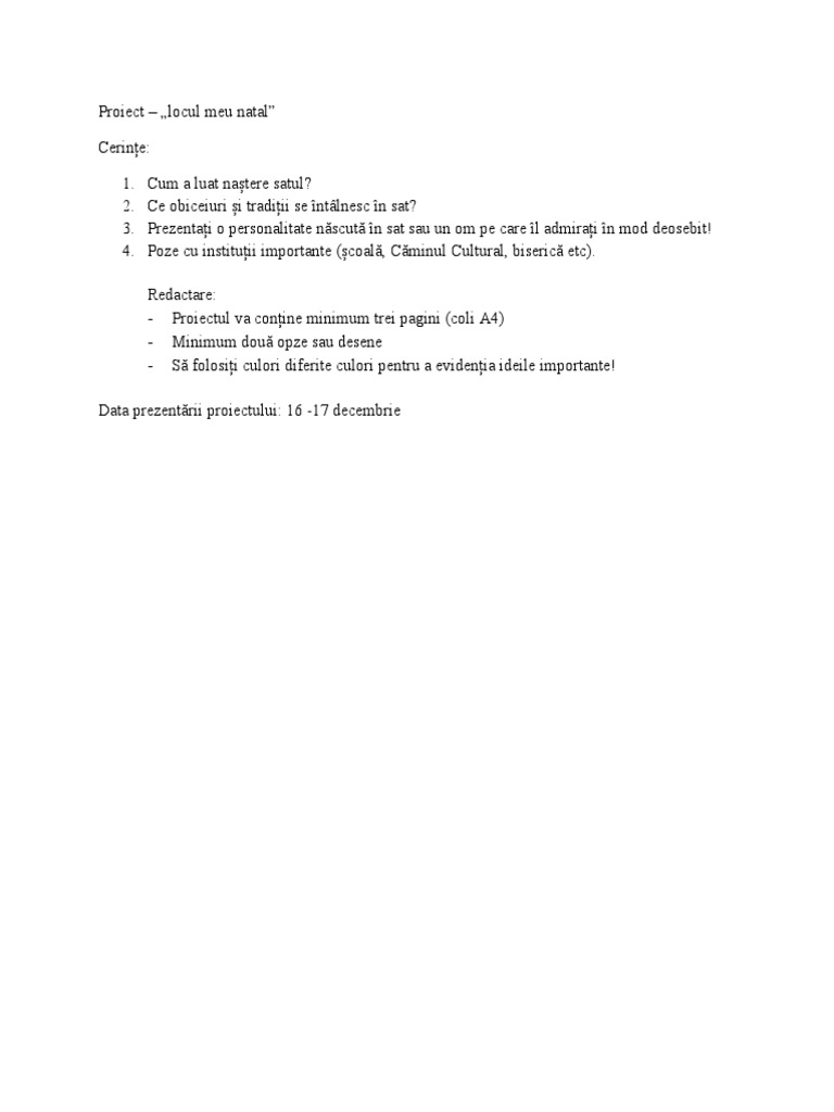 Proiect - Satul Meu Natal | PDF