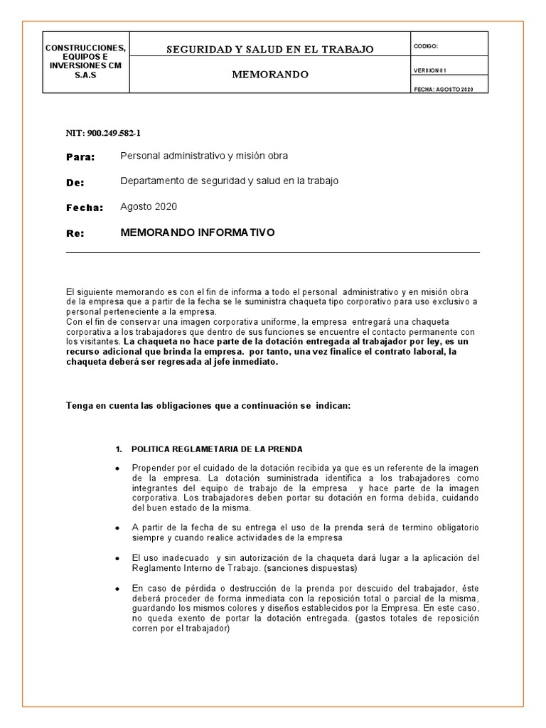 Formato Memorando Entrega Chaquetas Ceicmo | PDF