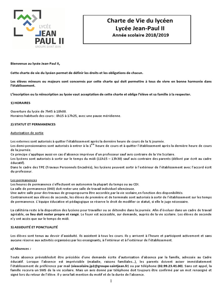 Charte de Vie du Lycéen | PDF | Centre de documentation et d'information