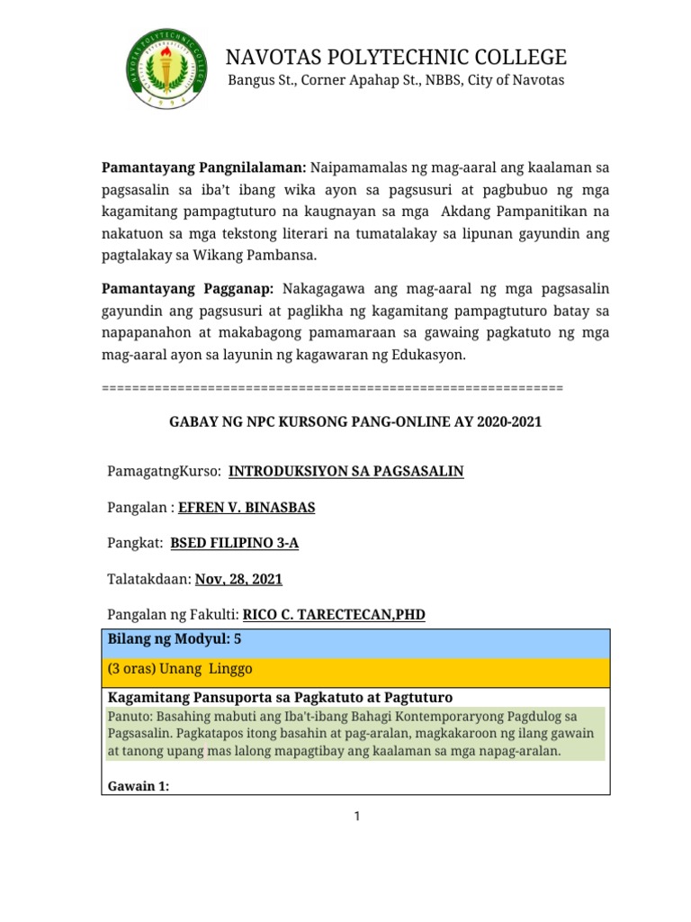 MODYUL 5 - GAWAIN SA - Pagsasaling-Wika | PDF