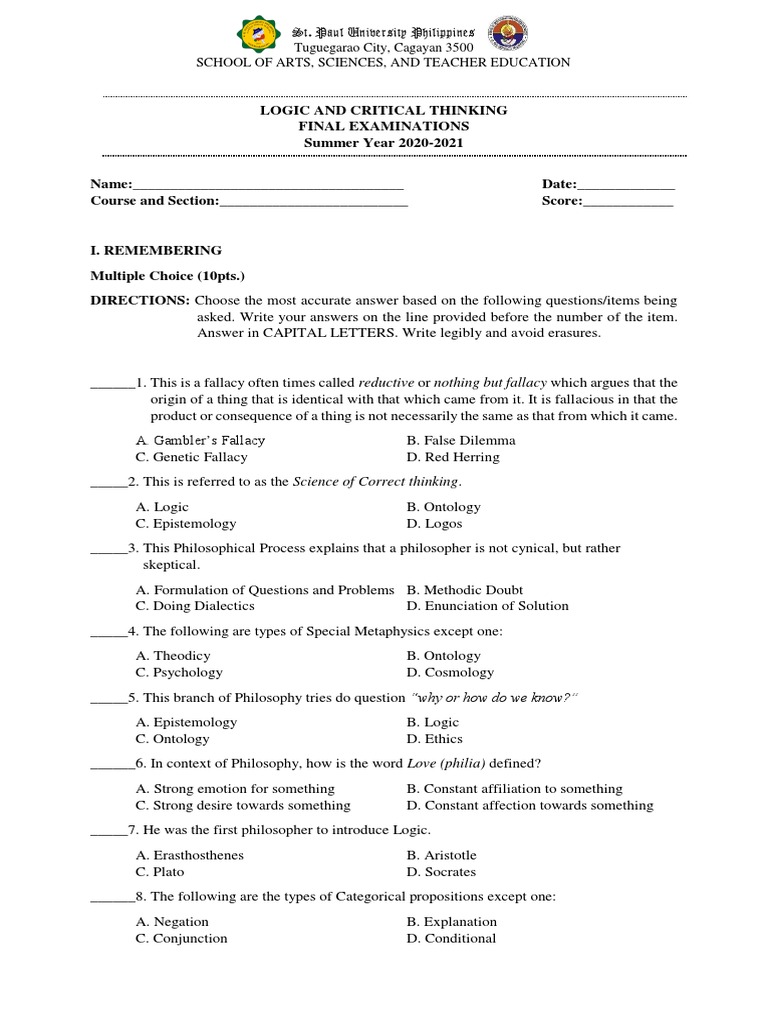 Logic Final Exam 4 | PDF | Fallacy | Reasoning