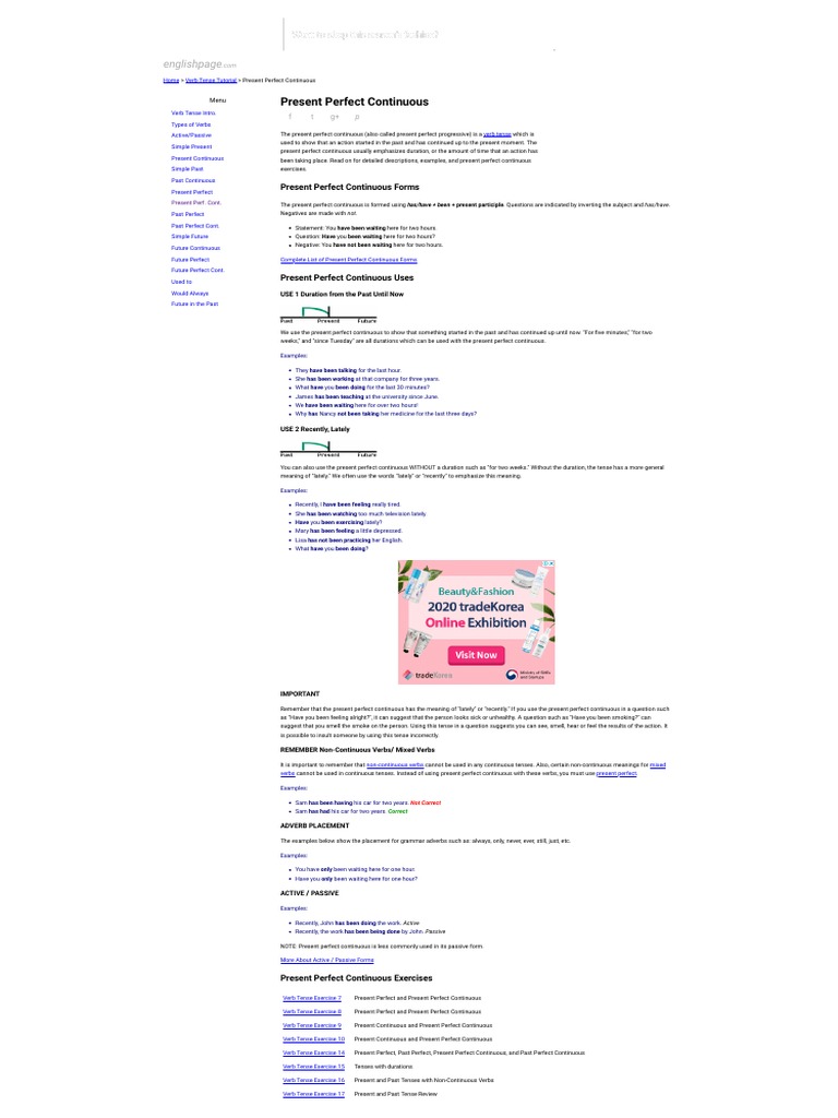 Present Perfect Continuous Tense - ENGLISH PAGE | PDF | Perfect ...