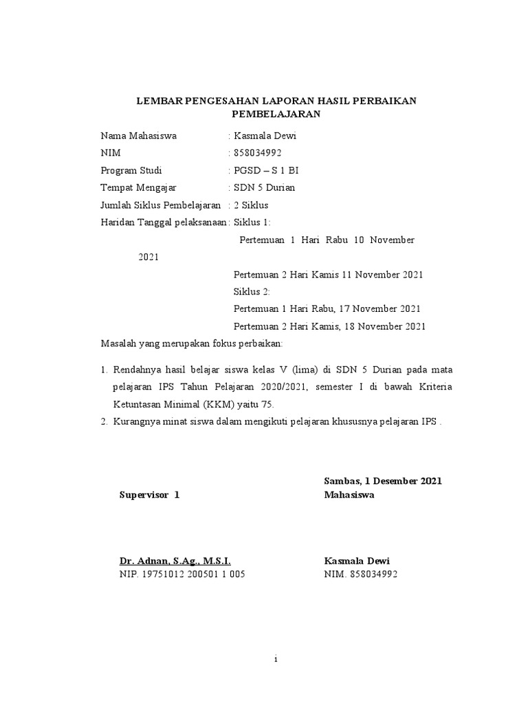 Lembar Pengesahan Laporan Hasil Perbaikan Pembelajaran | PDF