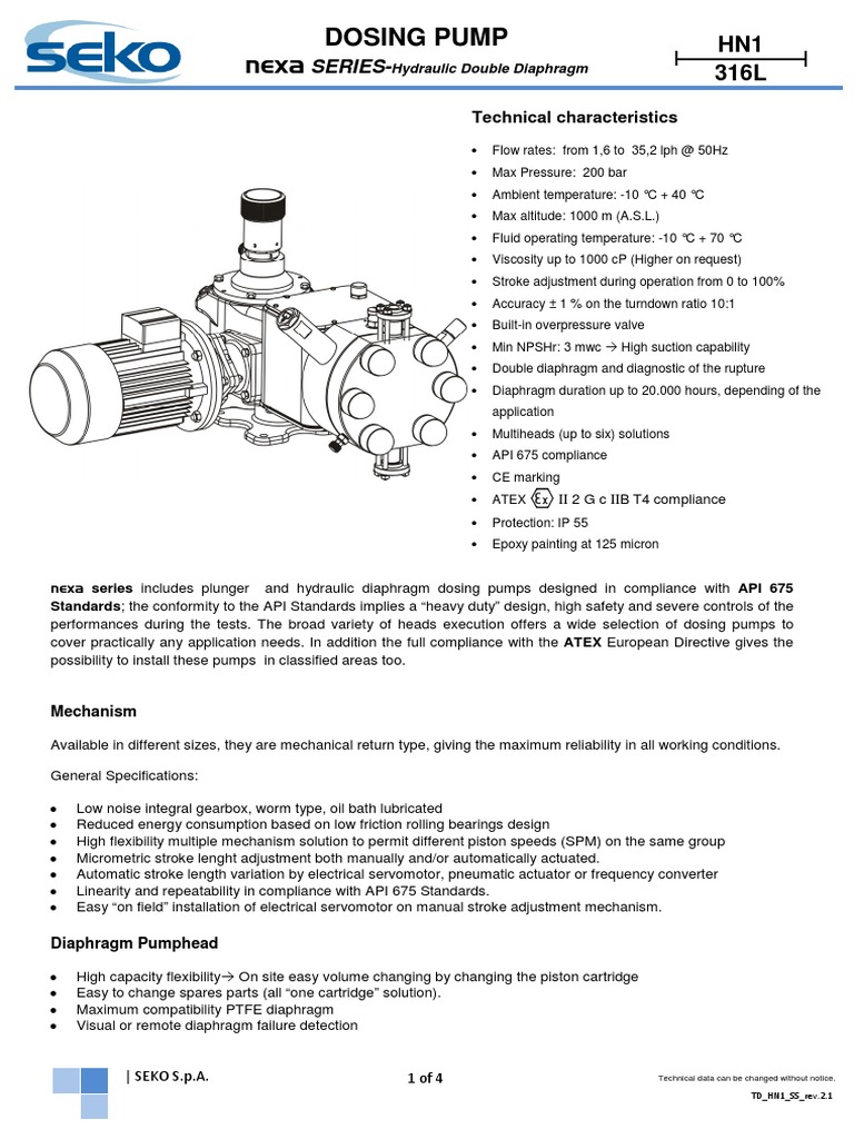 Dosing Pump Technical Specifications | PDF | Pump | Actuator
