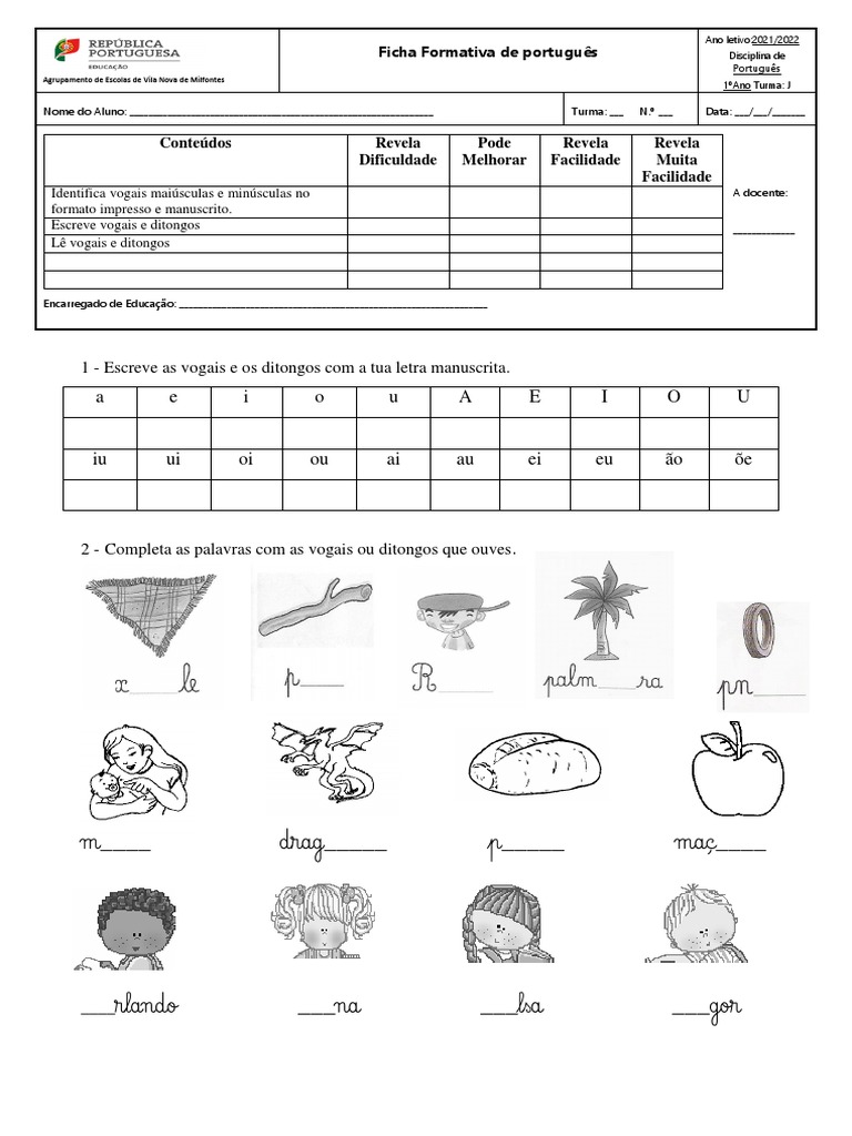 Ficha Português Vogais e Ditongos | PDF