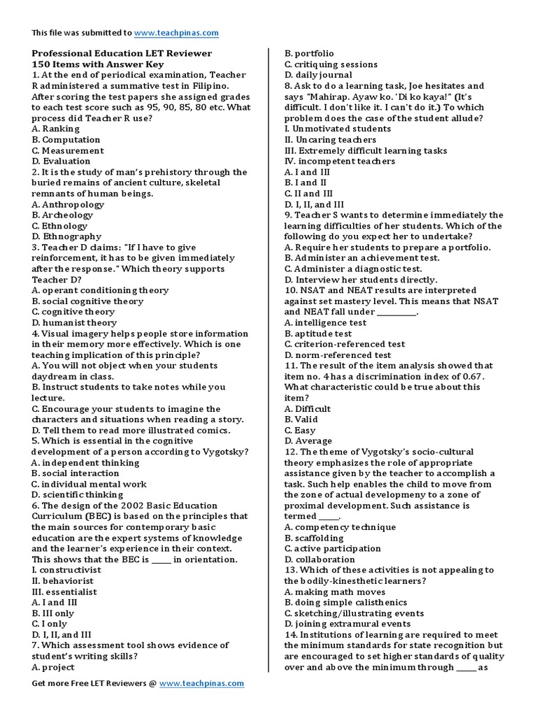 Professional Education LET Reviewer 150 Items With Answer Key | PDF ...