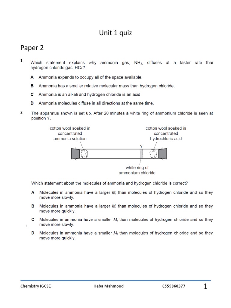 Unit 1 Quiz | PDF | Gases | Melting Point