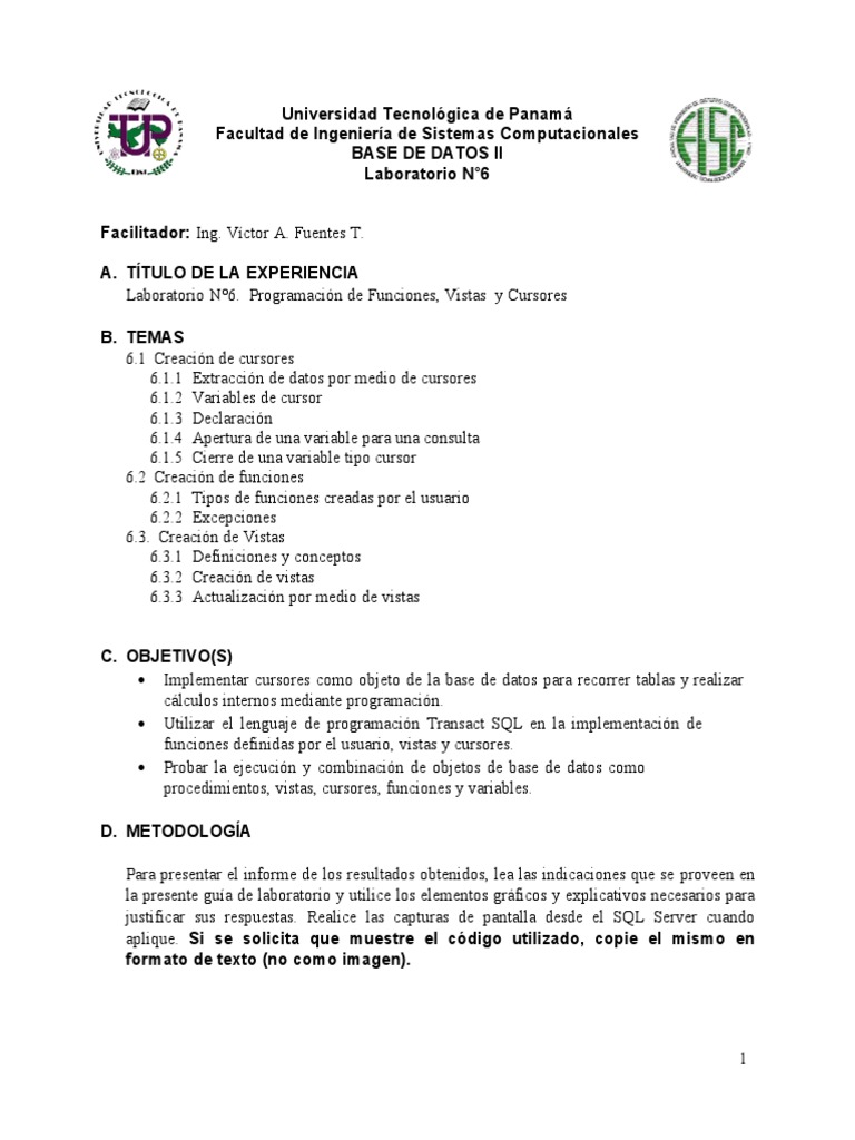 Laboratorio 6 - BDII - 2021 | PDF | SQL | Servidor SQL de Microsoft