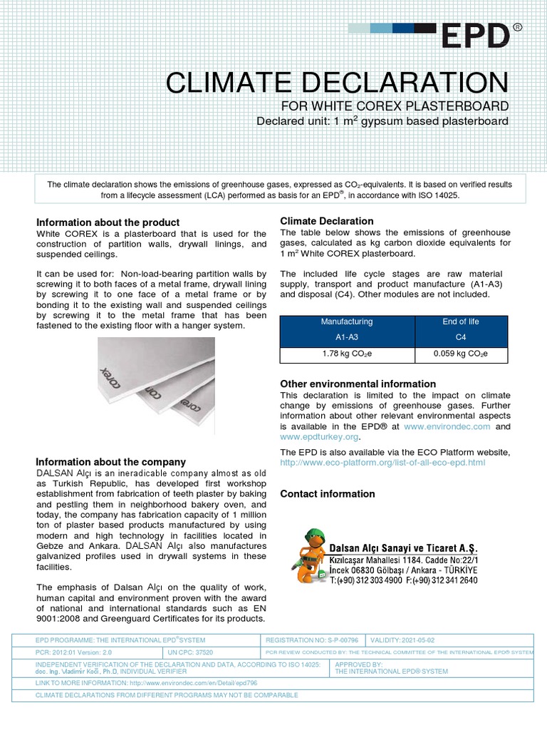 Climate Declaration: For White Corex Plasterboard | PDF | Life Cycle ...