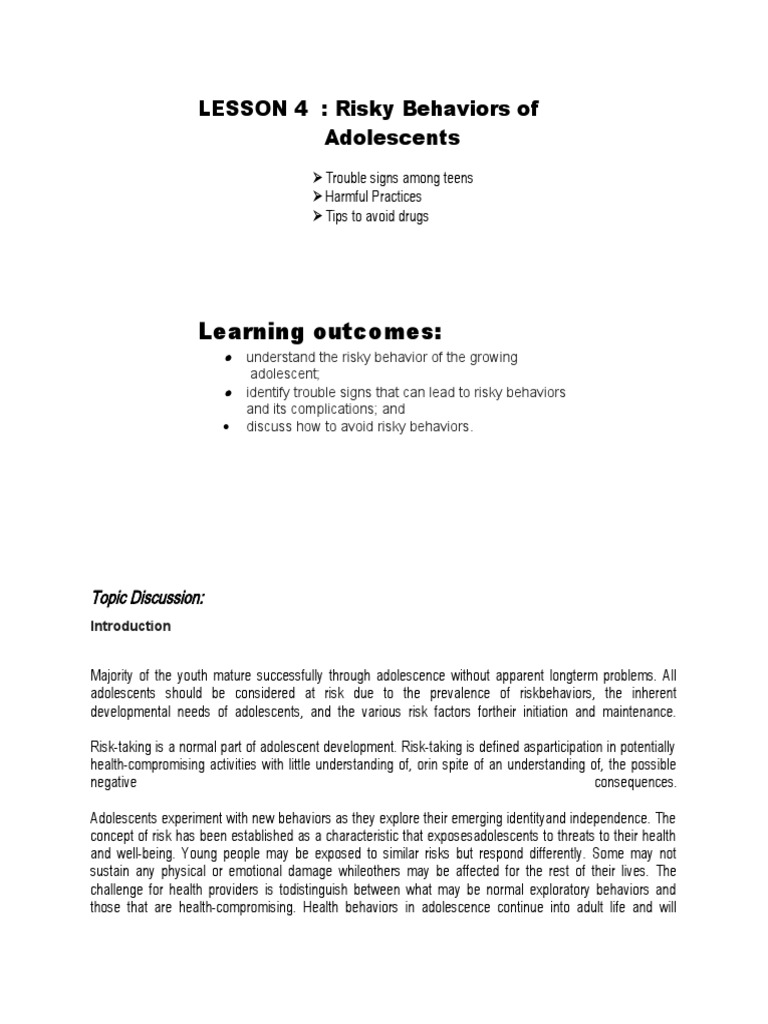 LESSON 4-Risky Behaviors of Adolecents | PDF | Adolescence | Heroin