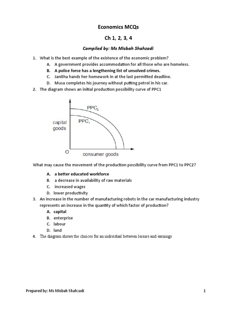 Economics Mcqs CH 1, 2, 3, 4: Compiled By: Ms Misbah Shahzadi | PDF ...