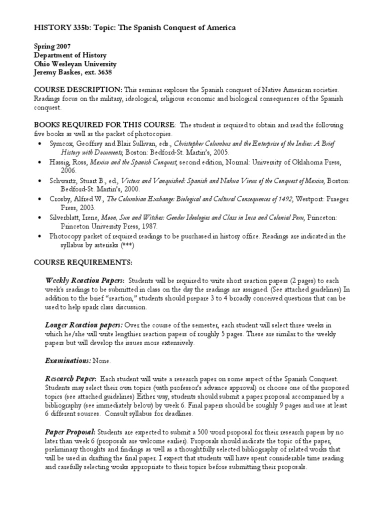 HISTORY 335b: Topic: The Spanish Conquest of America | PDF | Argument ...