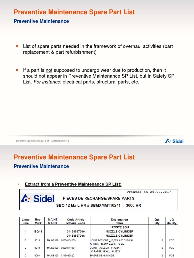 Preventive Maintenance Spare Part List | PDF