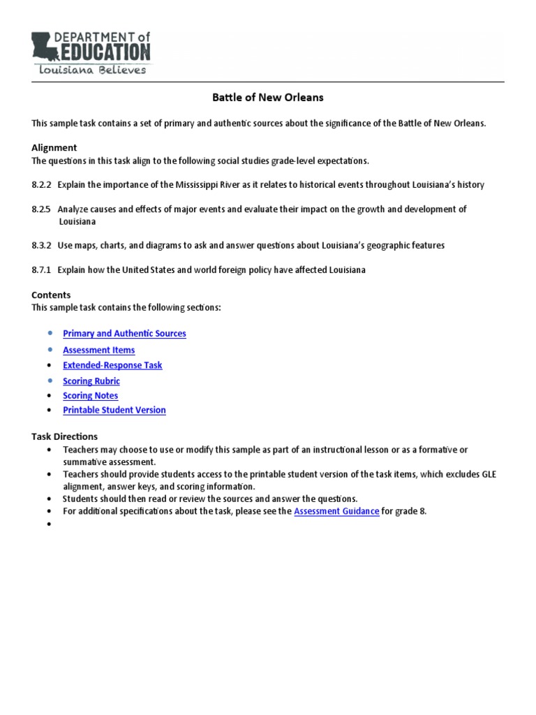 Task Social Studies Grade 8 Battle of New Orleans | PDF | Educational ...