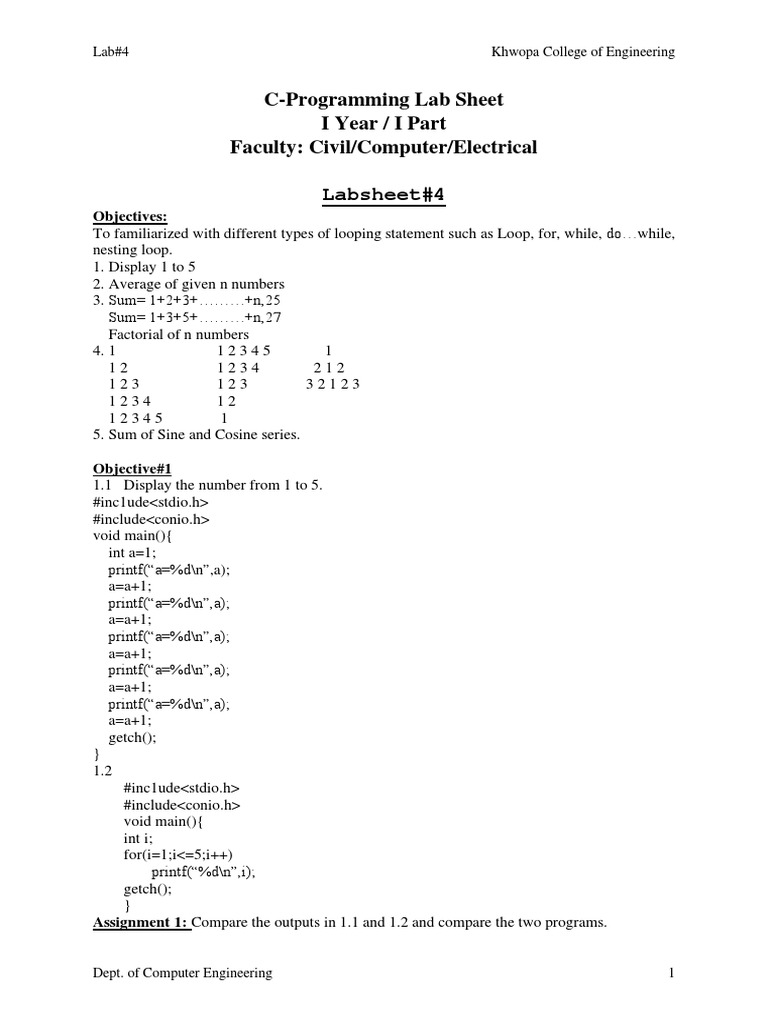 C-Programming Lab Sheet I Year / I Part Faculty: Civil/Computer/Electrical Labsheet#4 | PDF ...